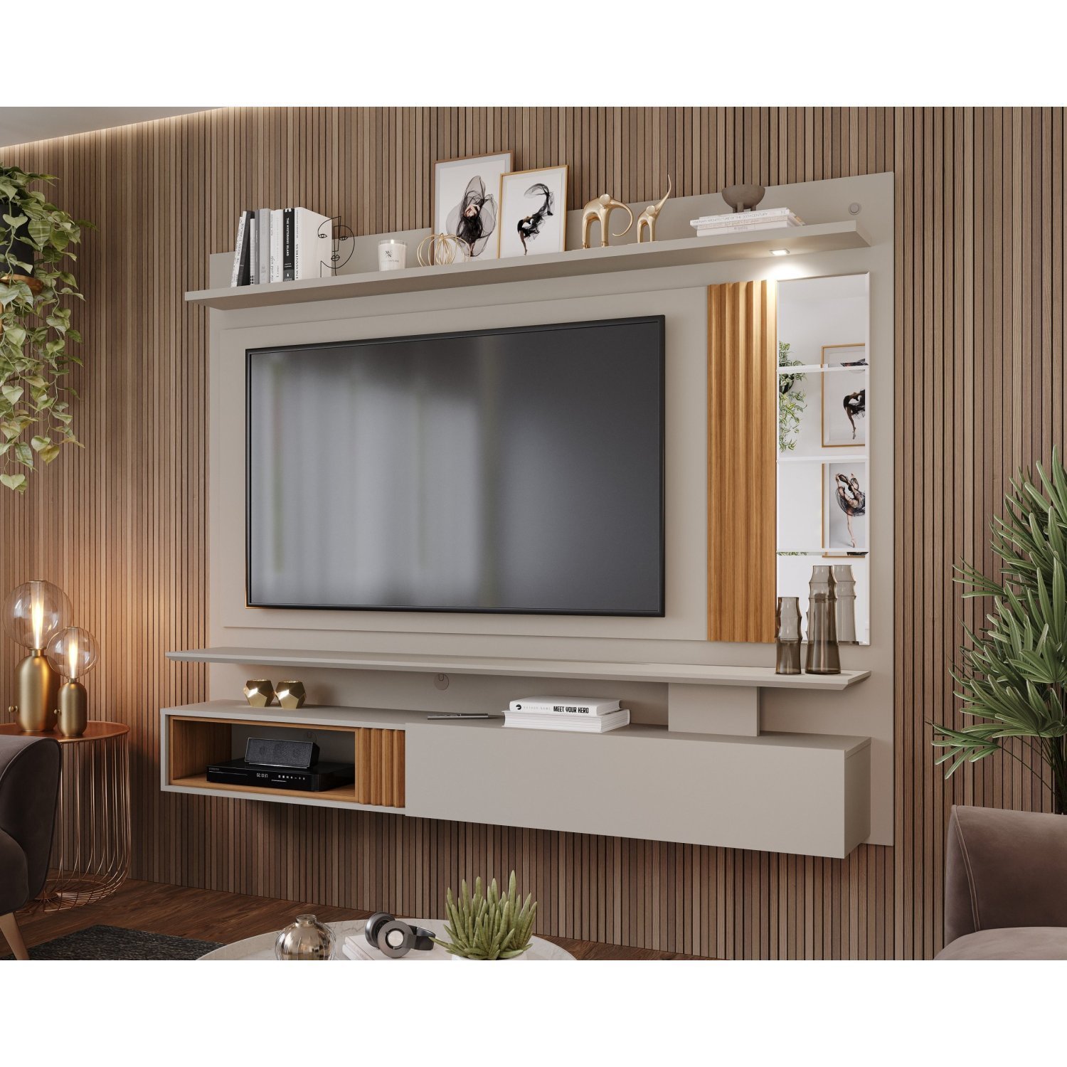 Painel para TV até 60 Polegadas com LED 1 Porta e Espelho Bahamas Permóbili | MadeiraMadeira