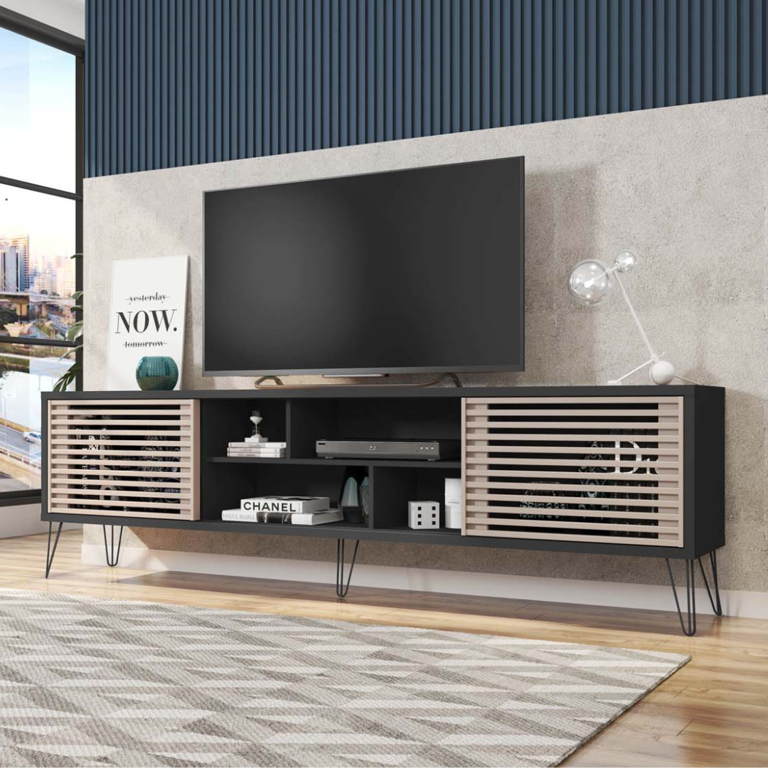 Rack para TV até 75 Polegadas Industrial Retrô 220cm em BP Porta Ripada ...