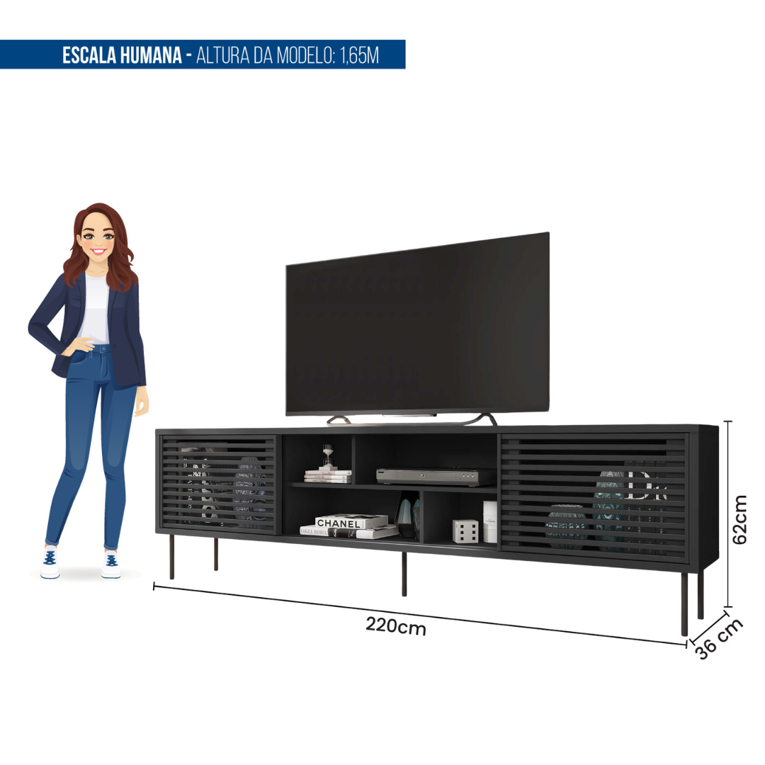 Rack para TV até 75 Polegadas Industrial 220cm em BP Porta Ripada ...