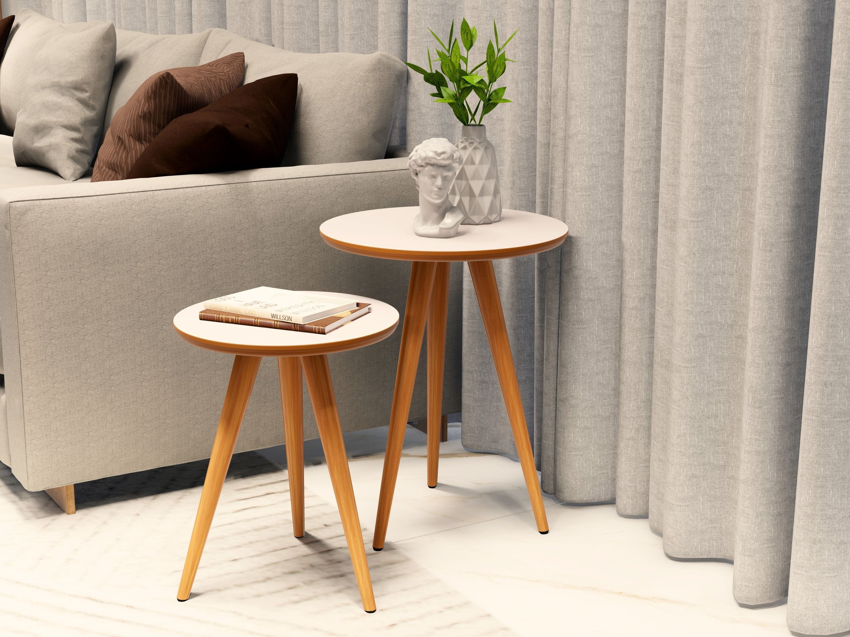 Jogo Conjunto de Mesinhas Lateral Redonda Sala Pé Palito Retro Madeira ...