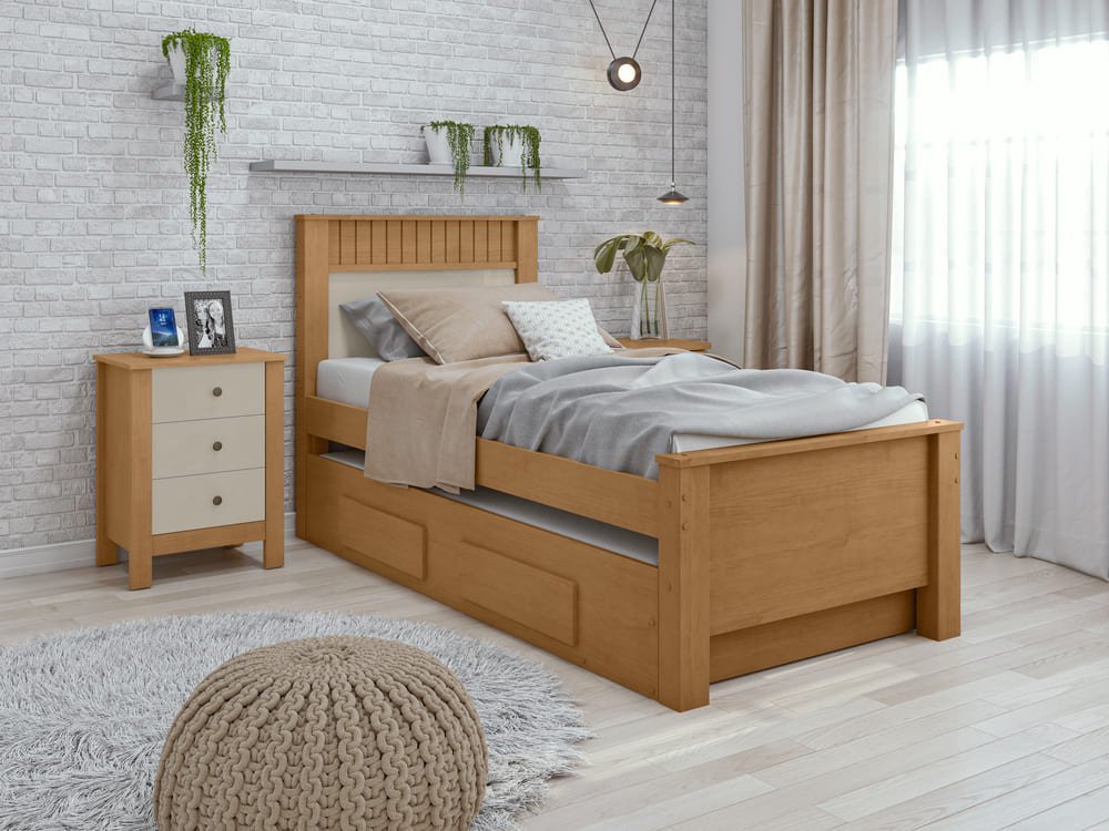 Cama Solteiro com Cama Auxiliar - Athenas-Amêndoa Clean/Off White ...