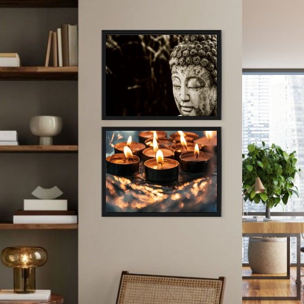 Kit 2 Quadros Zen Buda E Velas 45x34cm - com vidro:Madeira preta | MadeiraMadeira