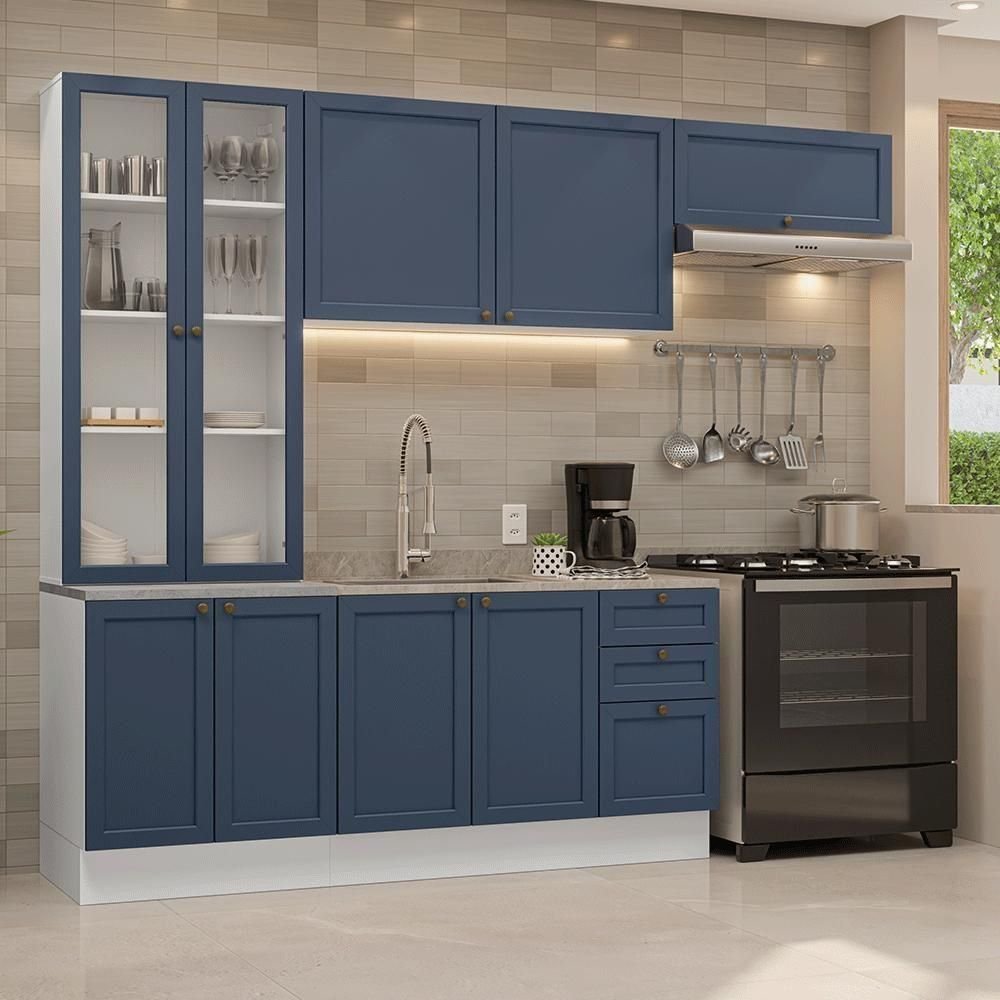 Armário de Cozinha Completa 270 cm Branco/Azul Vik Madesa 05 ...