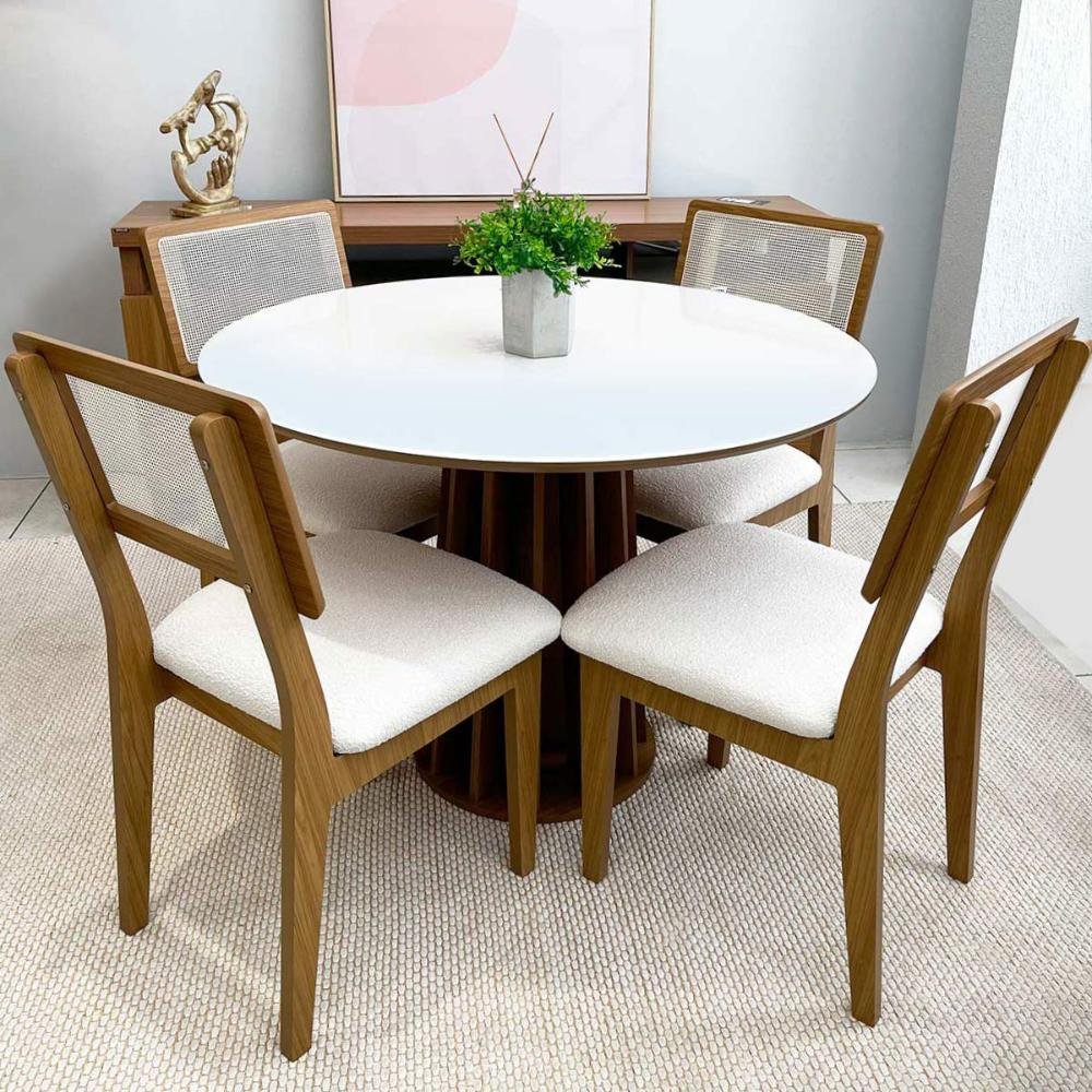 Conjunto de Jantar Mesa Redonda Tampo Vidro Mdf + 4 Cadeiras | MadeiraMadeira