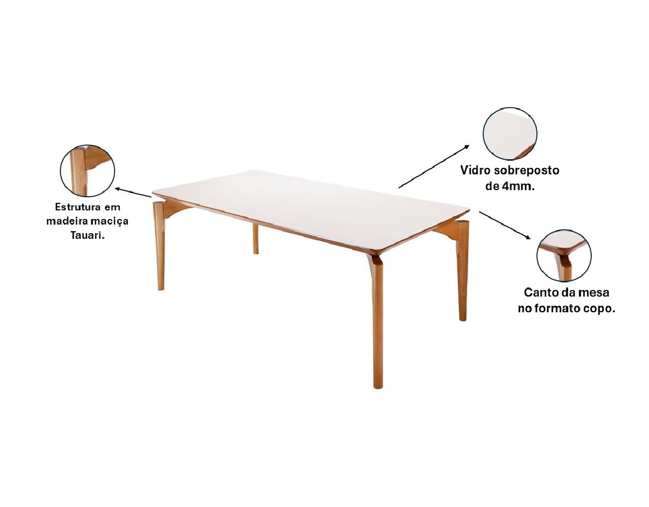 Mesa de Jantar Diana 140x90 Madeira Cinamomo com Vidro Off White Rafana ...