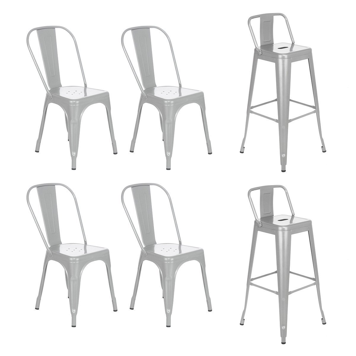 Kit 4 cadeiras + 2 banquetas altas com encosto industrial Loft Vintage Iron Tolix prata ...