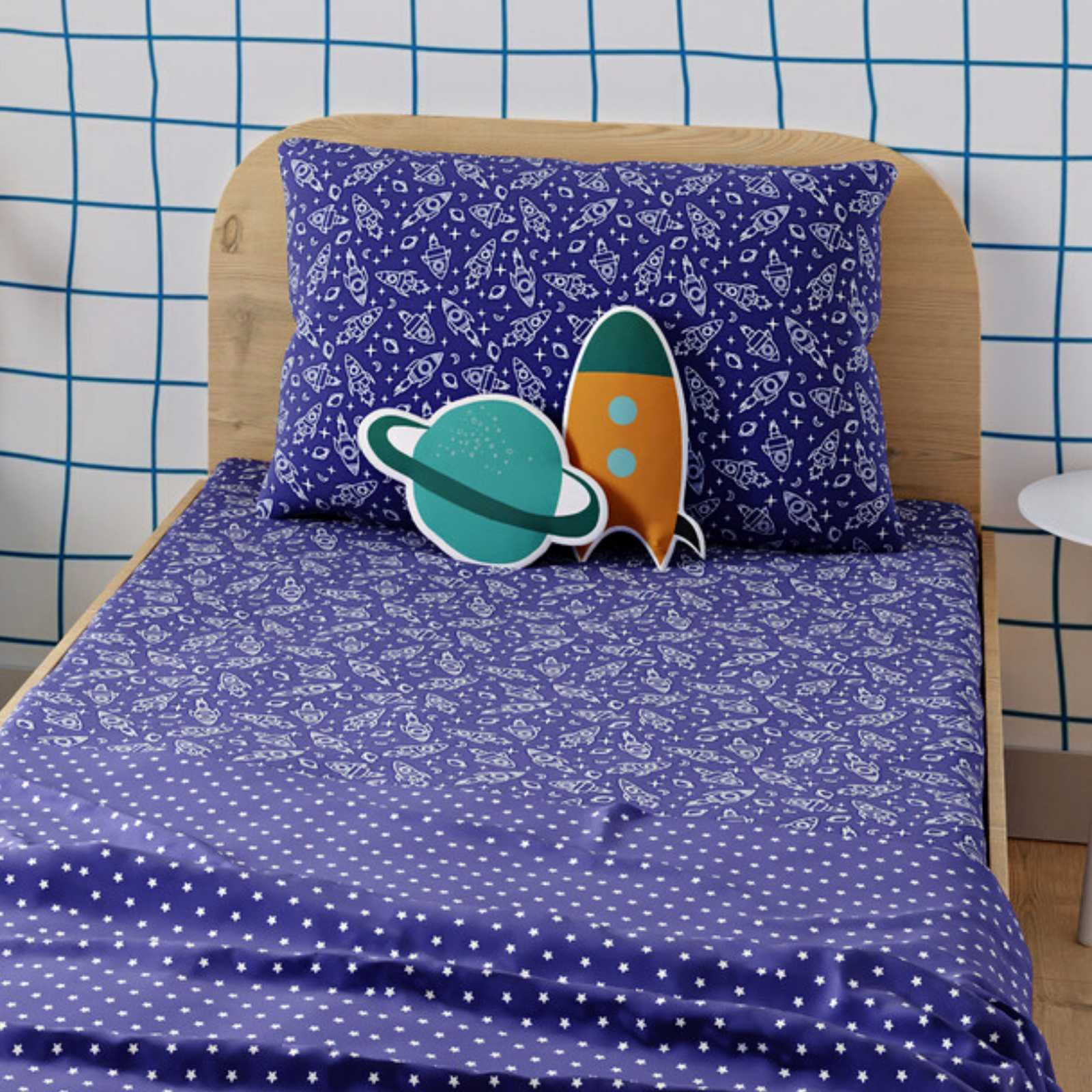 Jogo de lençol mini cama 100% algodão Espaço Sideral Pomelo Decor ...