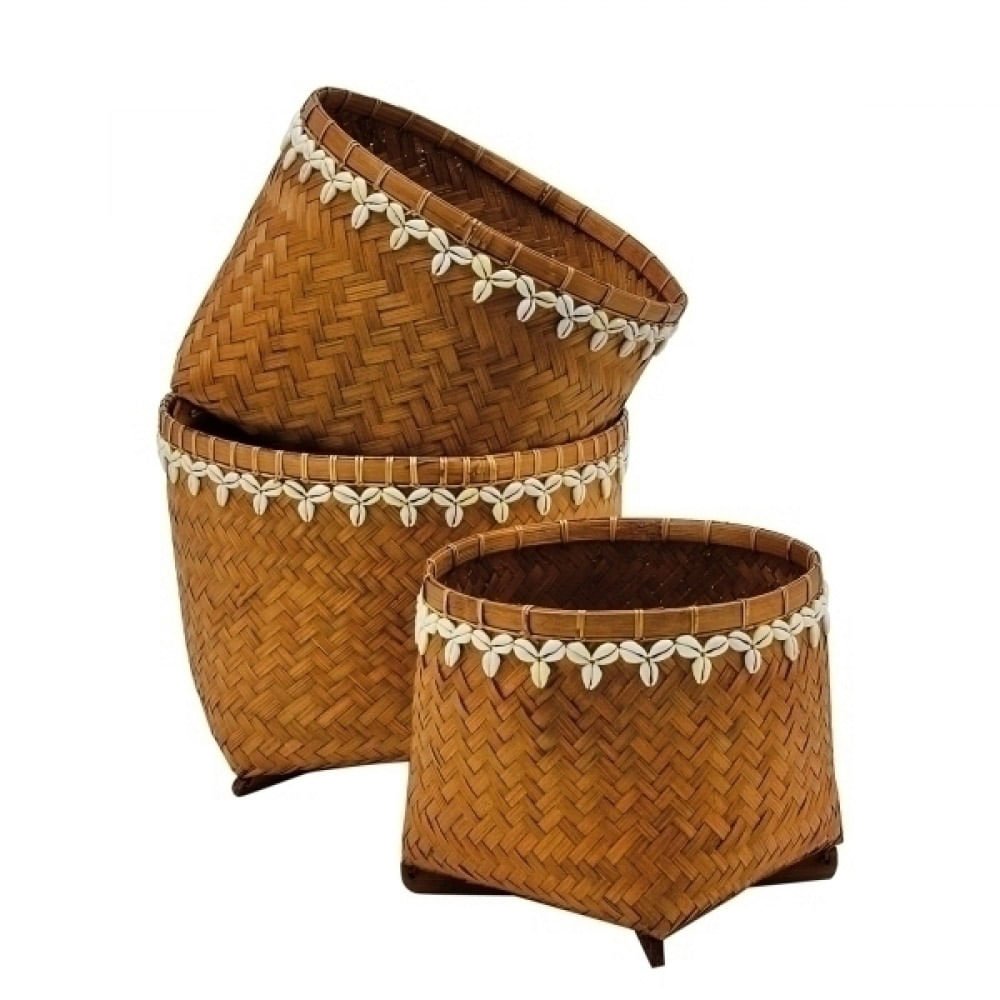 CONJUNTO DE CESTOS DE BAMBU COM CONCHAS 3 PEÇAS | MadeiraMadeira