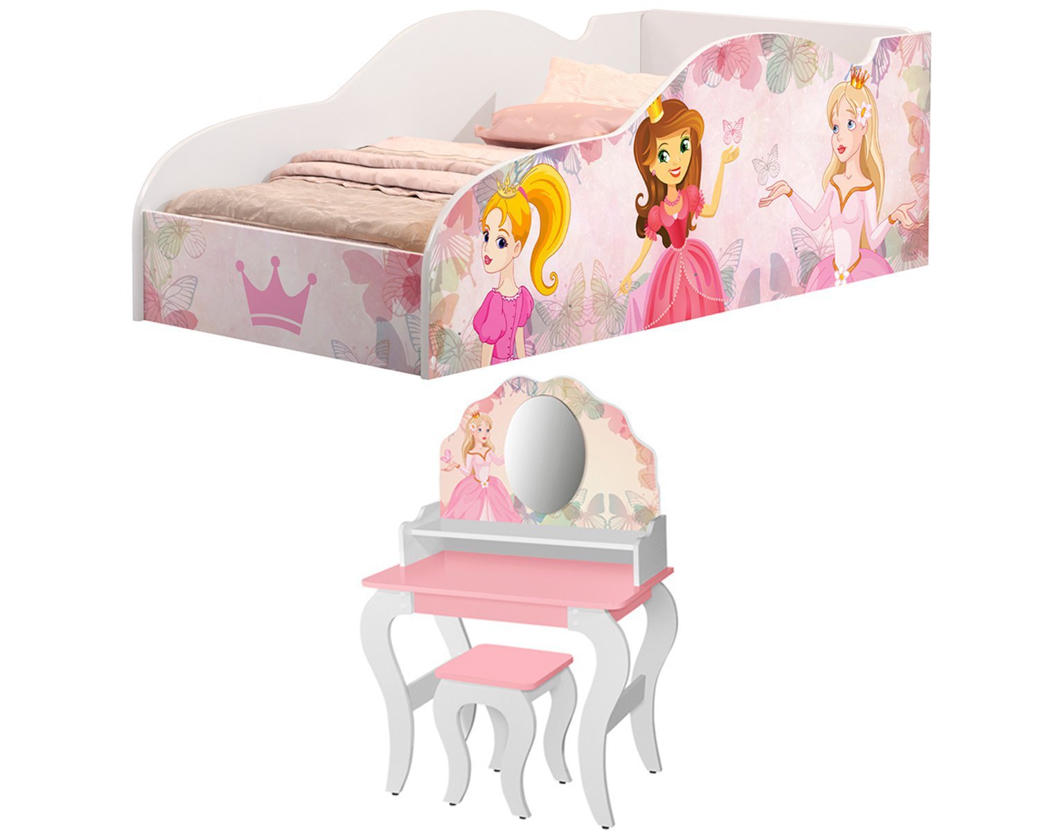 Cama Infantil Menina Com Penteadeira e Banqueta Princesas | MadeiraMadeira