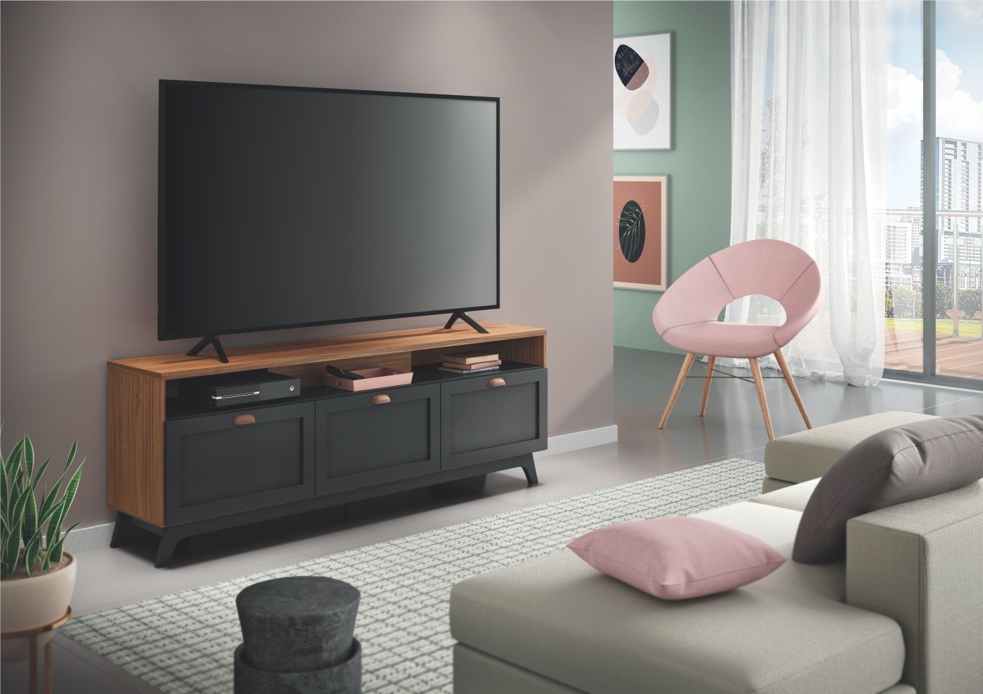 Rack para TV com Nichos Clay Noce Preto | MadeiraMadeira