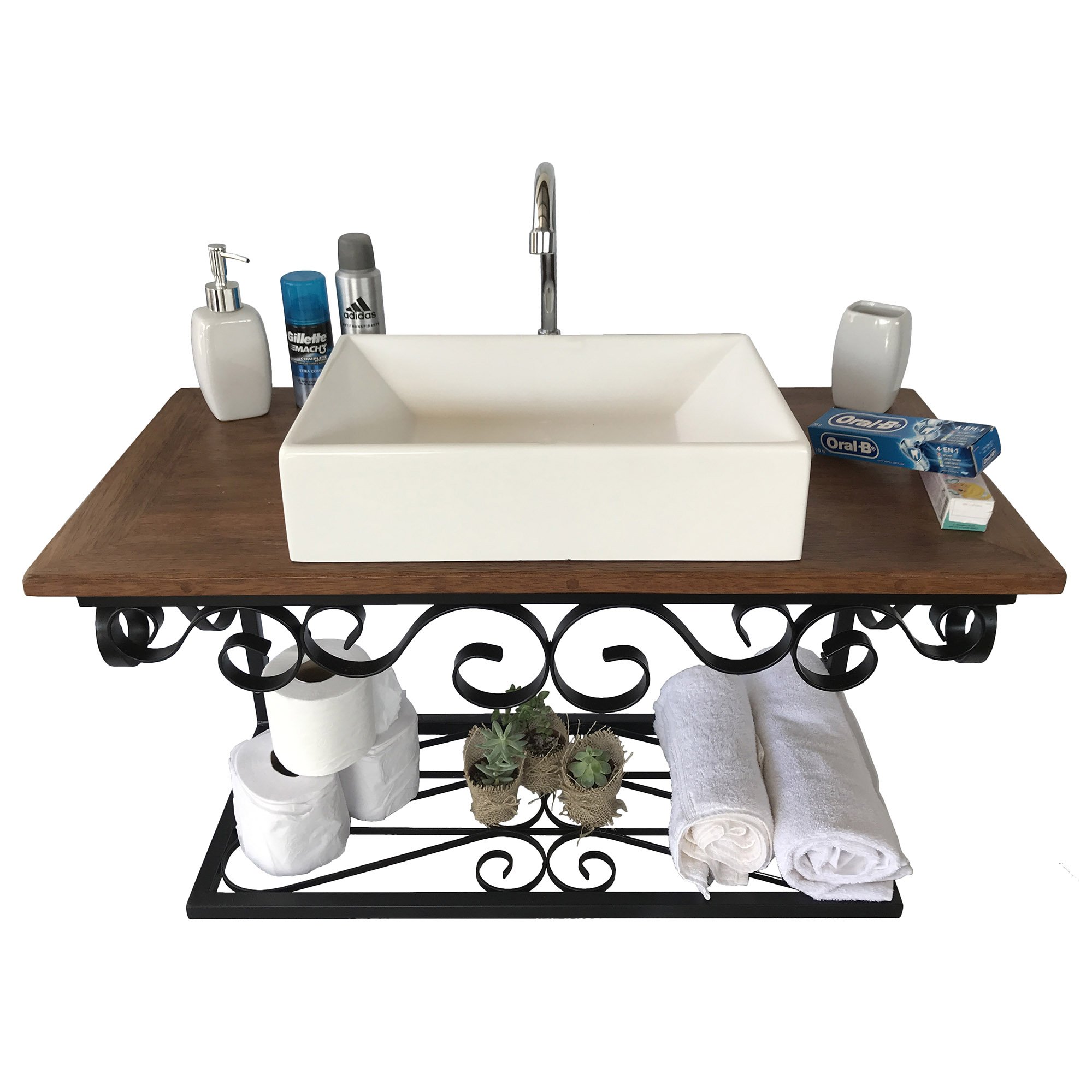 Linda Bancada de Madeira e Ferro Vintage Funcional para Banheiros ...