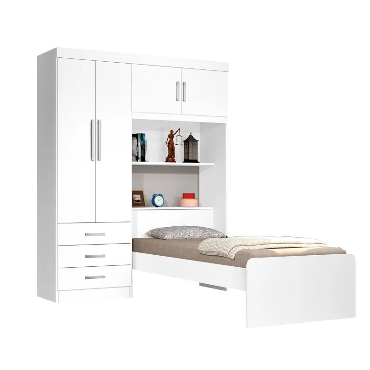 Guarda Roupa Com Cama Solteiro 4 Portas 3 Gavetas e Baú - Cancun - J&A ...