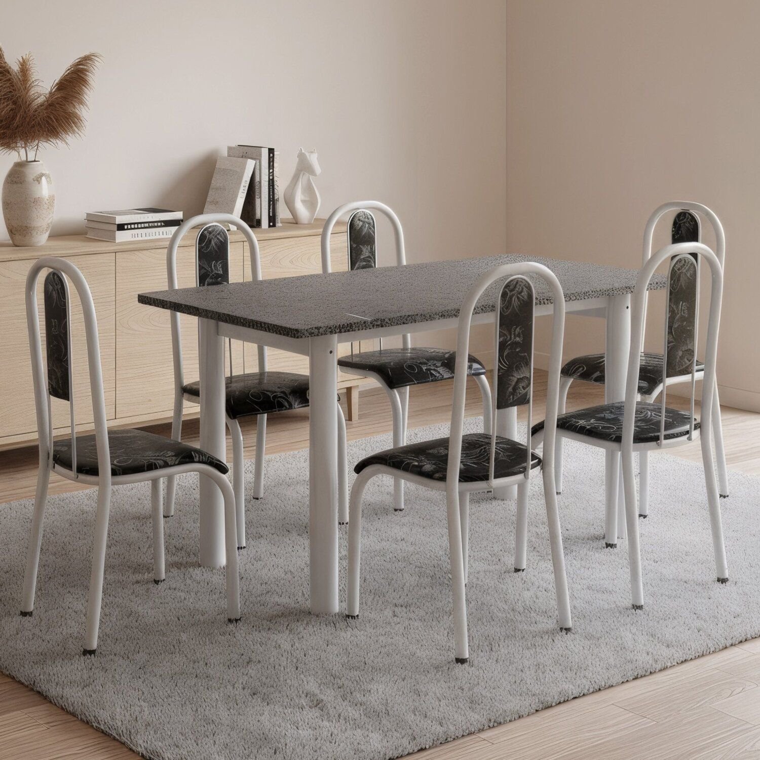 Conjunto Sala de Jantar Tubular 6 Lugares Retangular Mesa Tampo Granito ...