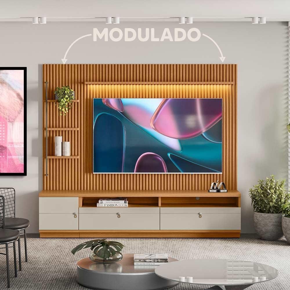 Rack com Painel Ripado Modulado para Tv até 75 Polegadas Nature Off White Ouro Preto Linea ...