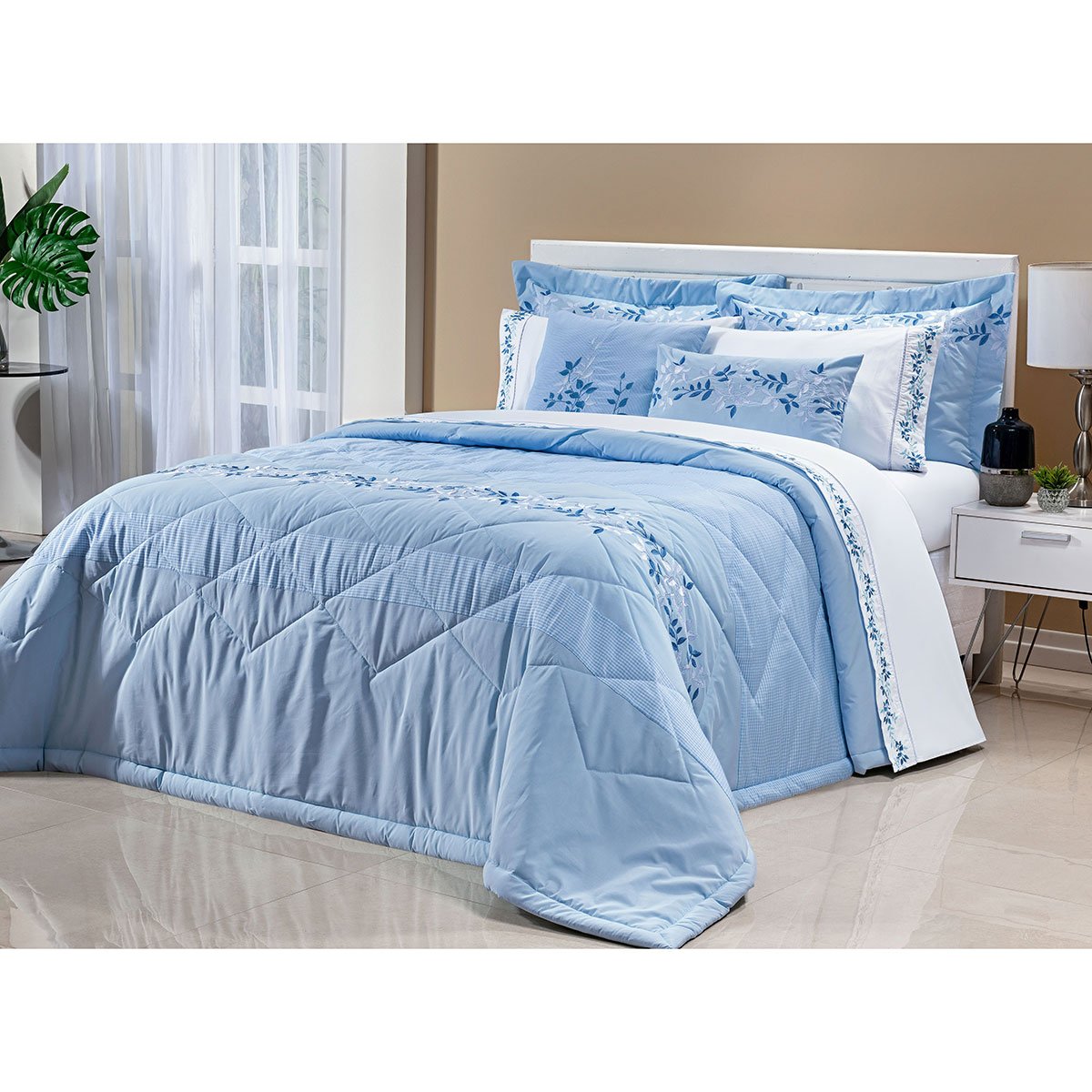 Colcha King Size Azul 100% Algodão 200 Fios 7 Peças 2,80m x 2,70m ...