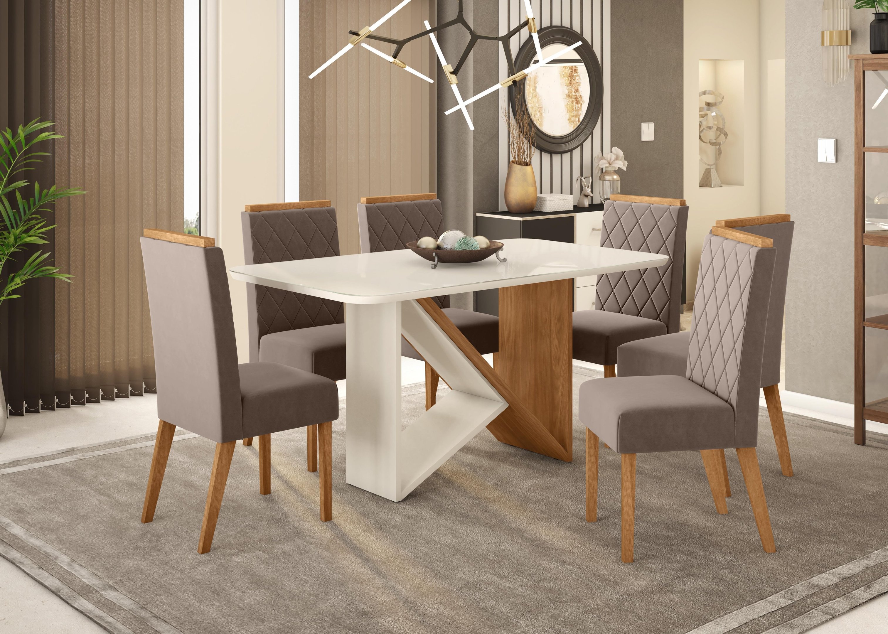 Mesa de Jantar Iasmin 160 C. Vidro 6 Cad. Nina Amendoa - Henn ...