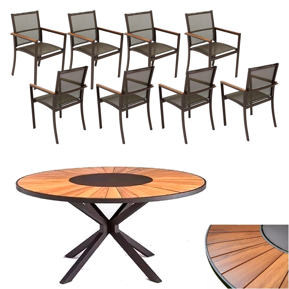 Jogo de Mesa Jantar 1,80m Madeira Centro Giratório 8 Cadeiras Alumínio ...