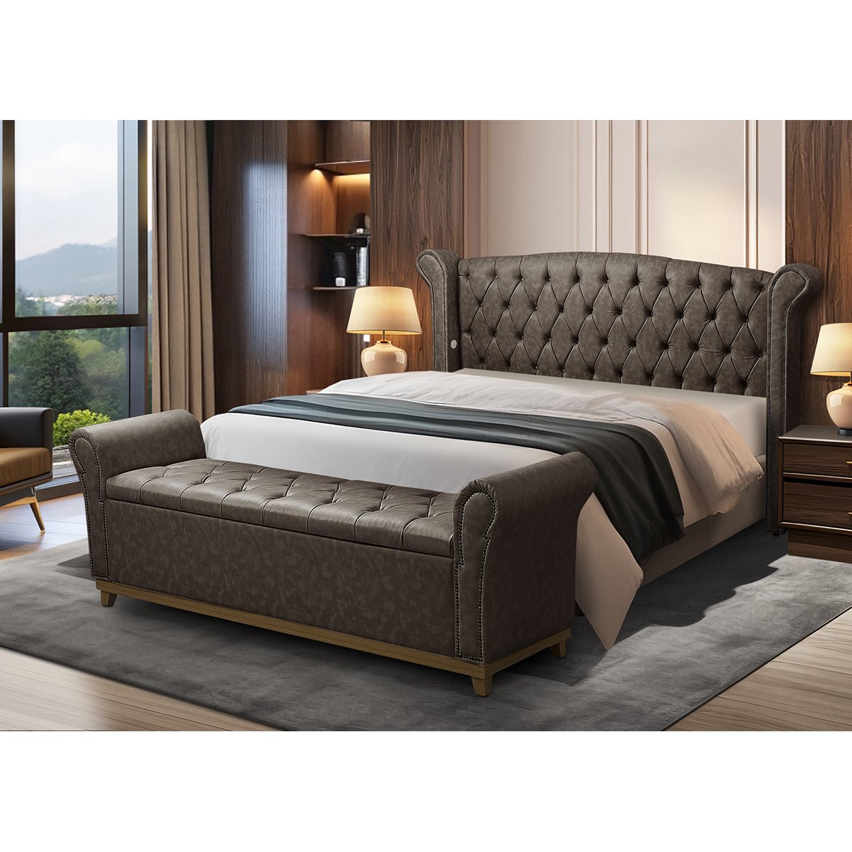 Cabeceira Estofada e Baú Cama Couro Sintético King Grécia:1824 ...