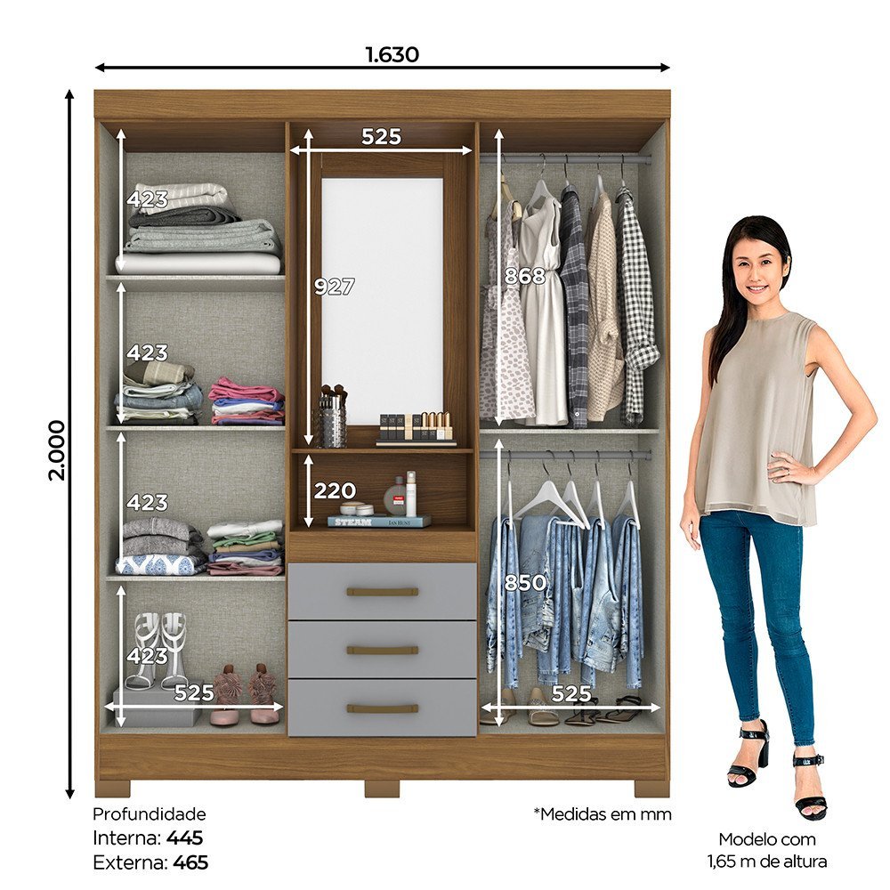 Guarda Roupa Casal 4 Portas Com Espelho 3 Gavetas Ryan Casa 812 ...