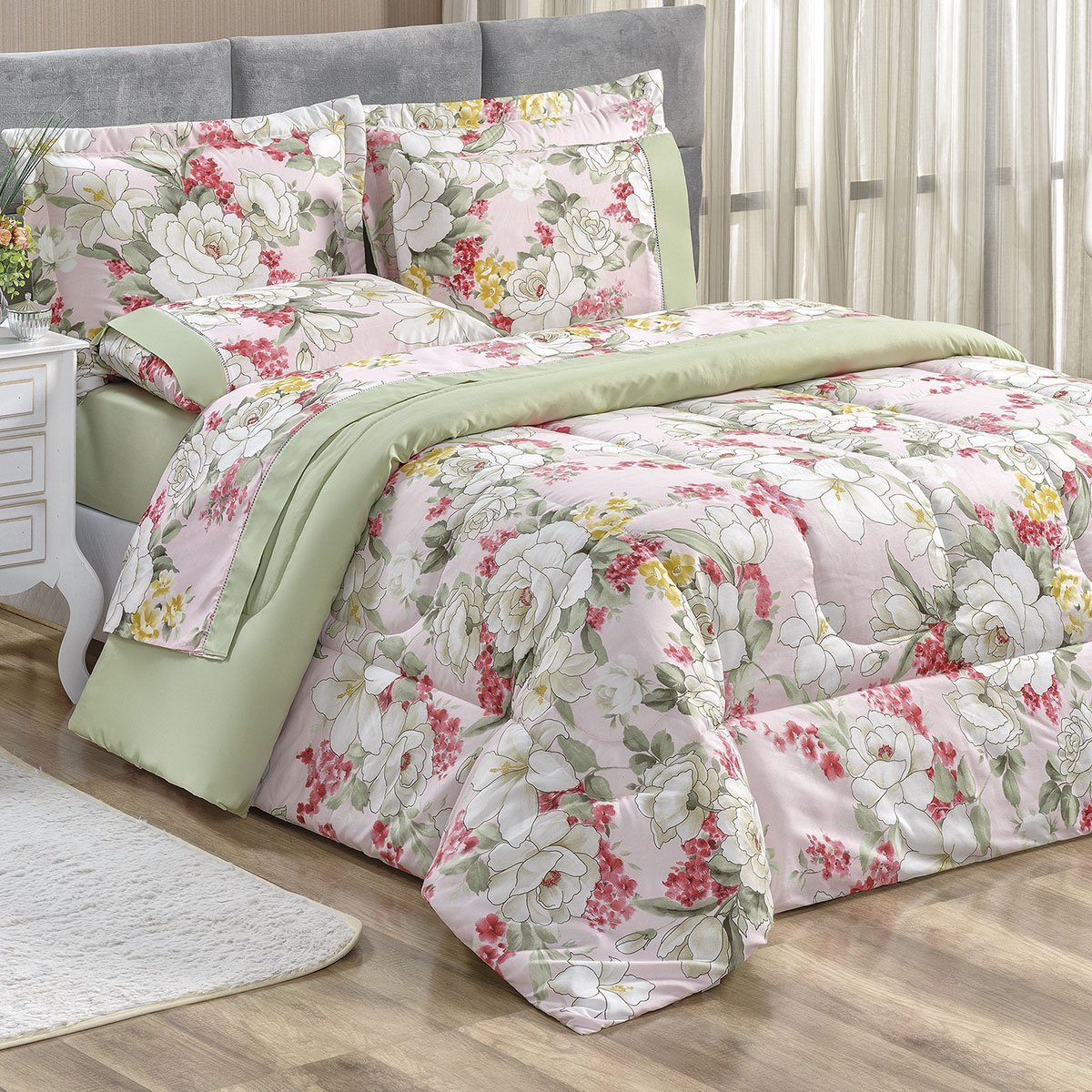 Kit Edredom Super King Dupla Face Rosê Floral Micropercal 200 Fios 3 ...