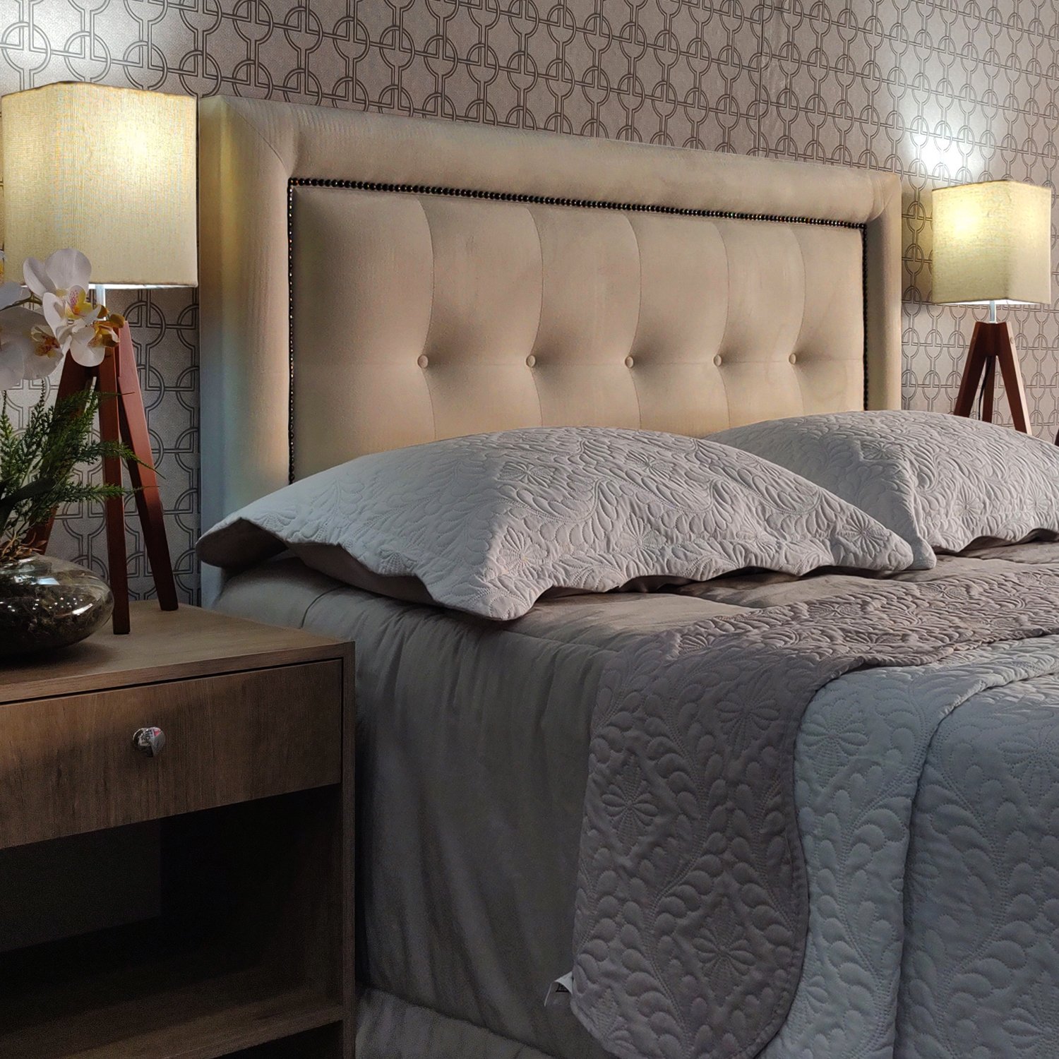 Cabeceira Cama Queen Veneza 05 Diamond Suede Bege 60 Rbl | MadeiraMadeira