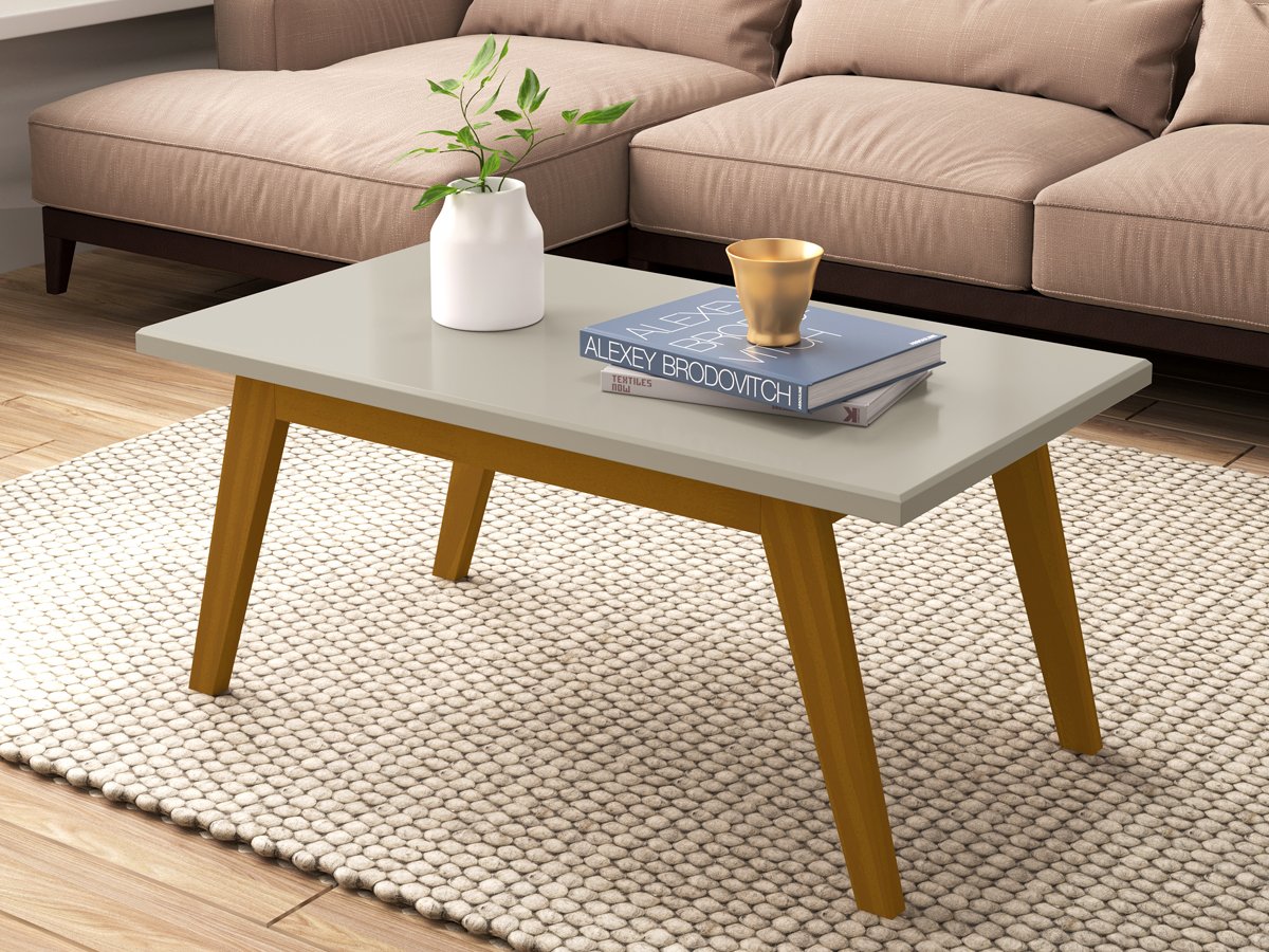 Mesa de Centro Retangular com Pés de Madeira Maciça - Off White ...