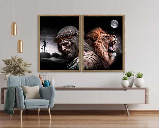 Conjunto Quadro Decorativo Religioso Leão de Judá e Jesus Cristo Sobe a ...