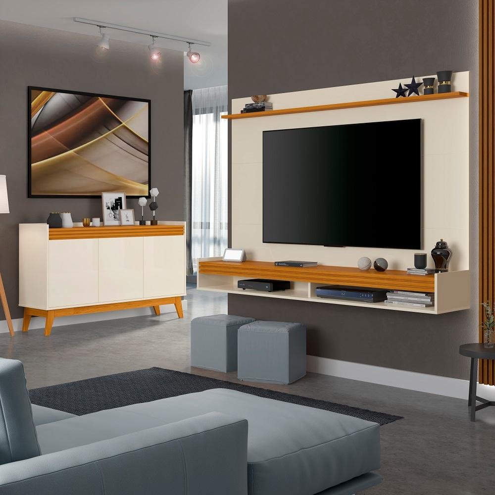 Conjunto Sala de Estar Buffet e Painel Home Ripado 180cm Cor:Off White/Cedro | MadeiraMadeira