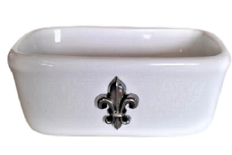 TIGELA RETANGULAR EM CERÂMICA PEQUENA COM APLIQUE EM ESTANHO DE FLOR DE ...