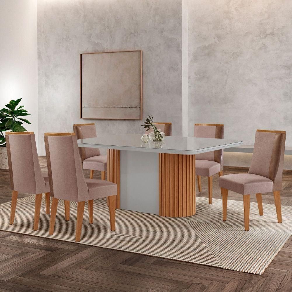 Mesa de Jantar Aspen 180cm Tampo Mdf com Vidro 6 Cadeiras Diane Linho ...