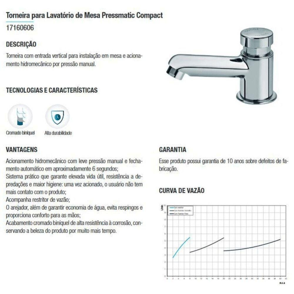 Torneira Mesa P/ Lavatorio Pressmatic Compact Cromado Docol ...