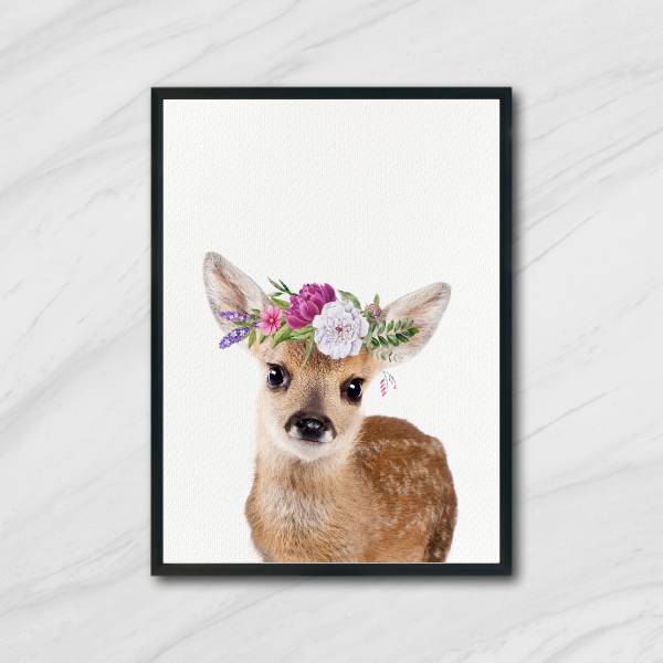 Quadro Veadinho Coroa de Flores 45x34cm - com vidro:Madeira preta ...
