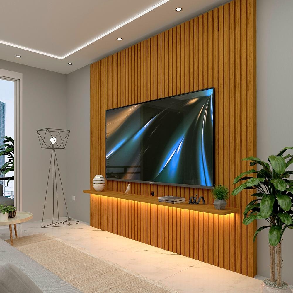 Painel Ripado Para TV Até 75 Polegadas Com LED Naturale Nobre Gelius ...