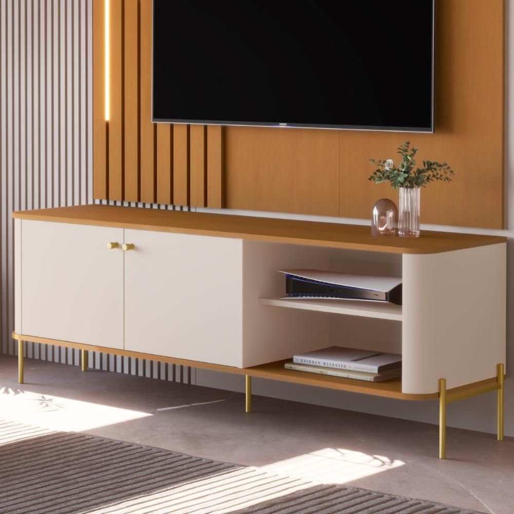 Rack para Tv 58 Polegadas Olaf Off White Nature Dourado | MadeiraMadeira