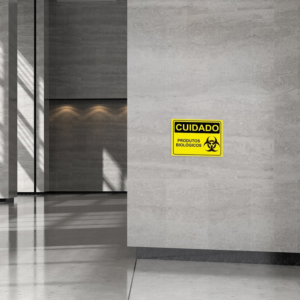 Placa de Sinalização Cuidado Produtos Biológicos em Pvc | MadeiraMadeira