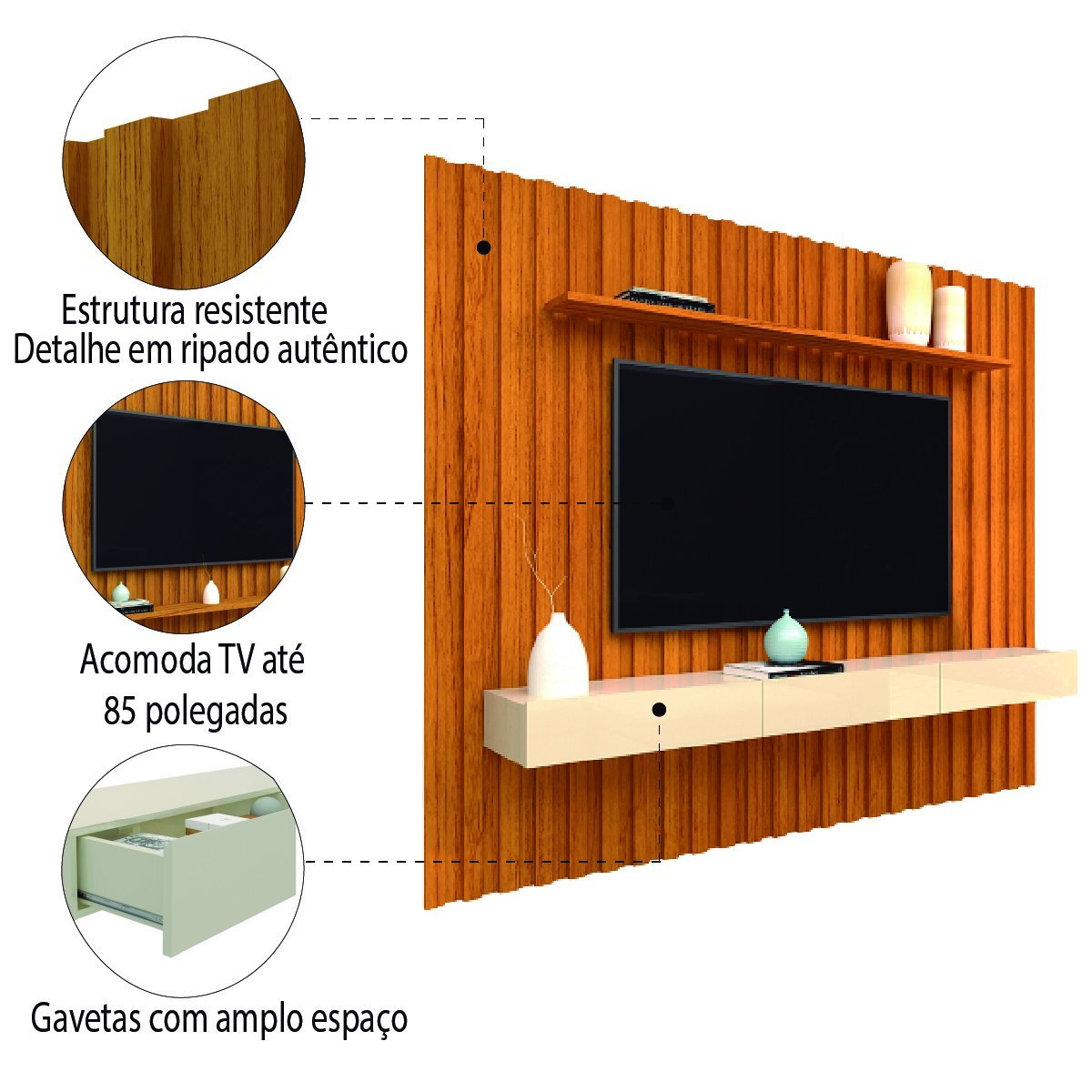 Painel para Tv até 85 Polegadas Ripado 2,23x1,85m com Nicho Naturale ...