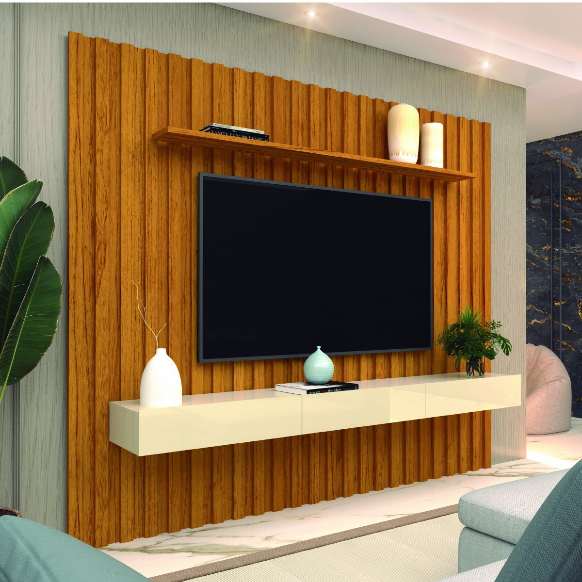Painel para Tv até 85 Polegadas Ripado 2,23x1,85m com Nicho Naturale / Off White Elegance Gelius ...