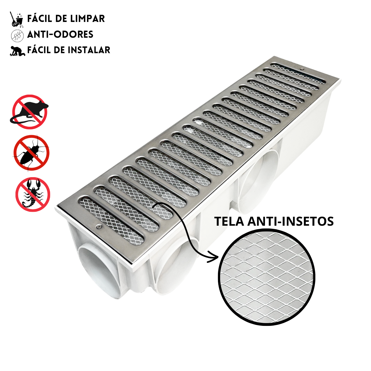 Ralo Linear Quintal 15x50 Inox com Tela Coletor Branco | MadeiraMadeira