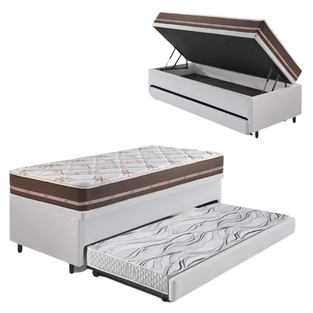 Bicama Box Baú 88x188 Courino Linho Branco com Colchão Classic Molas ...