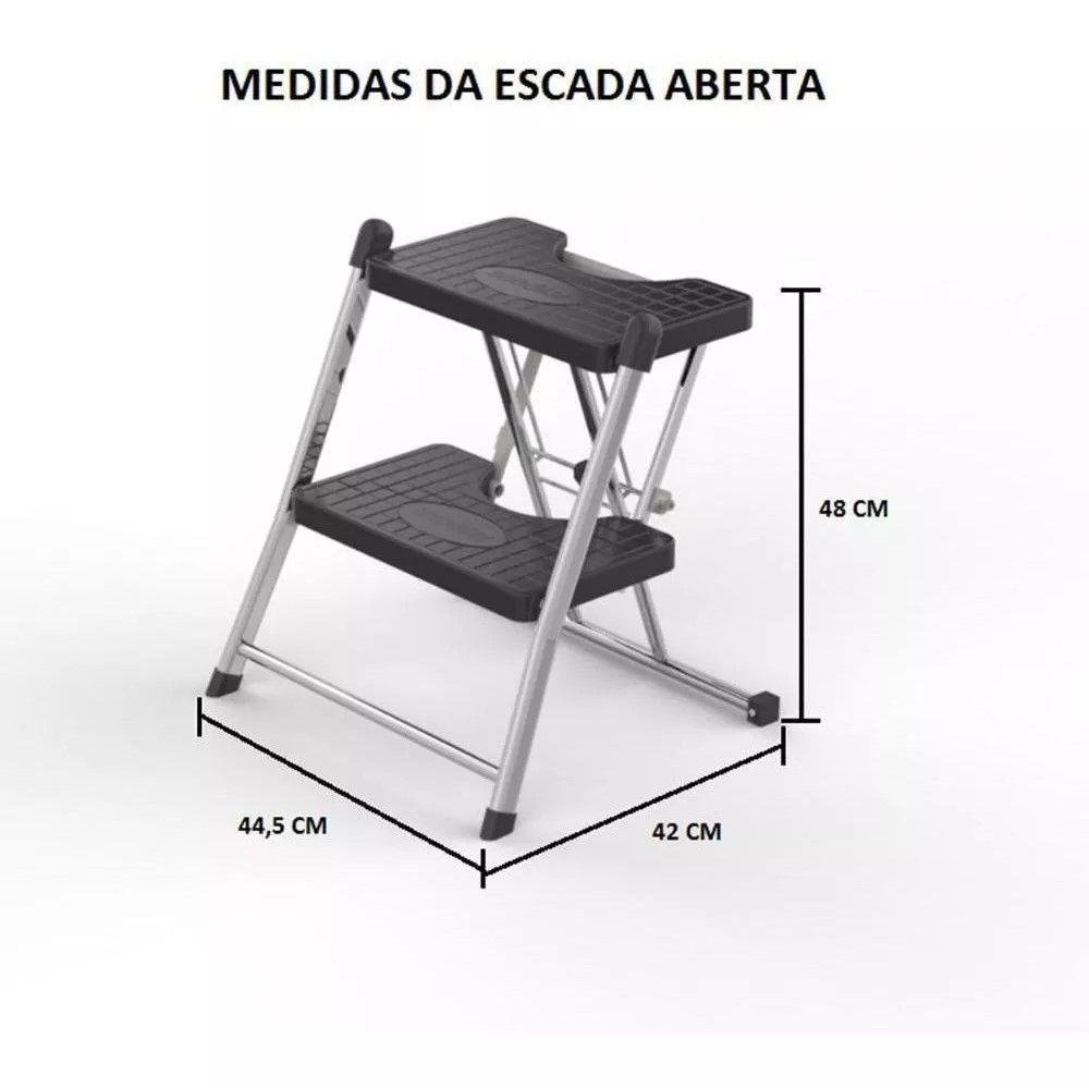 Escada Alcance 2 Degraus Dobrável 120 Kg Cromada Anodilar | MadeiraMadeira