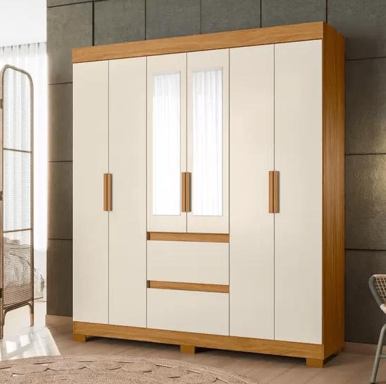 Roupeiro Maya 6 Portas com Espelho Acp Móveis - Cinamomo/off White | MadeiraMadeira