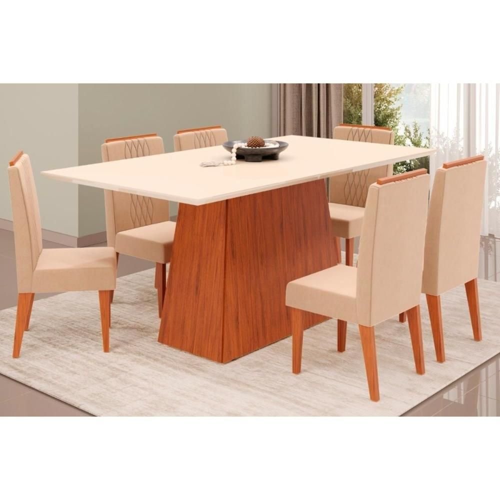 Conjunto: Mesa Sala Jantar Dulce Tampo Madeirado C/ Vidro Reto 180x90cm e 6 Cadeiras Lia Freijo ...