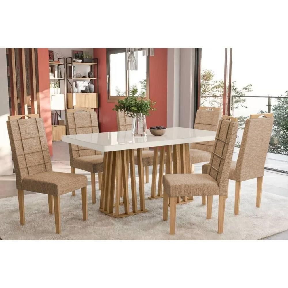 Conjunto: Mesa Sala Jantar Alteia Tampo Madeirado C/ Vidro 90x160cm e 6 ...