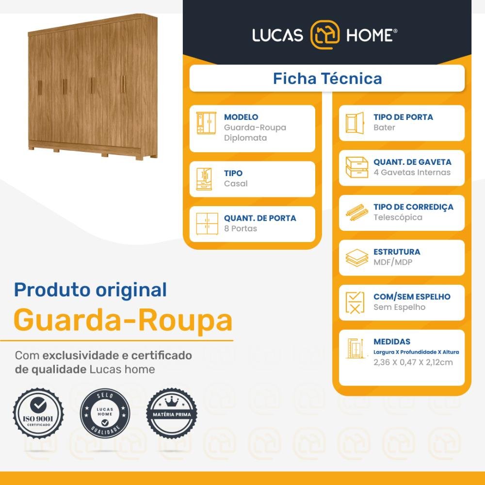 Guarda-roupa Diplomata Casal 8 Portas 4 Gavetas | MadeiraMadeira