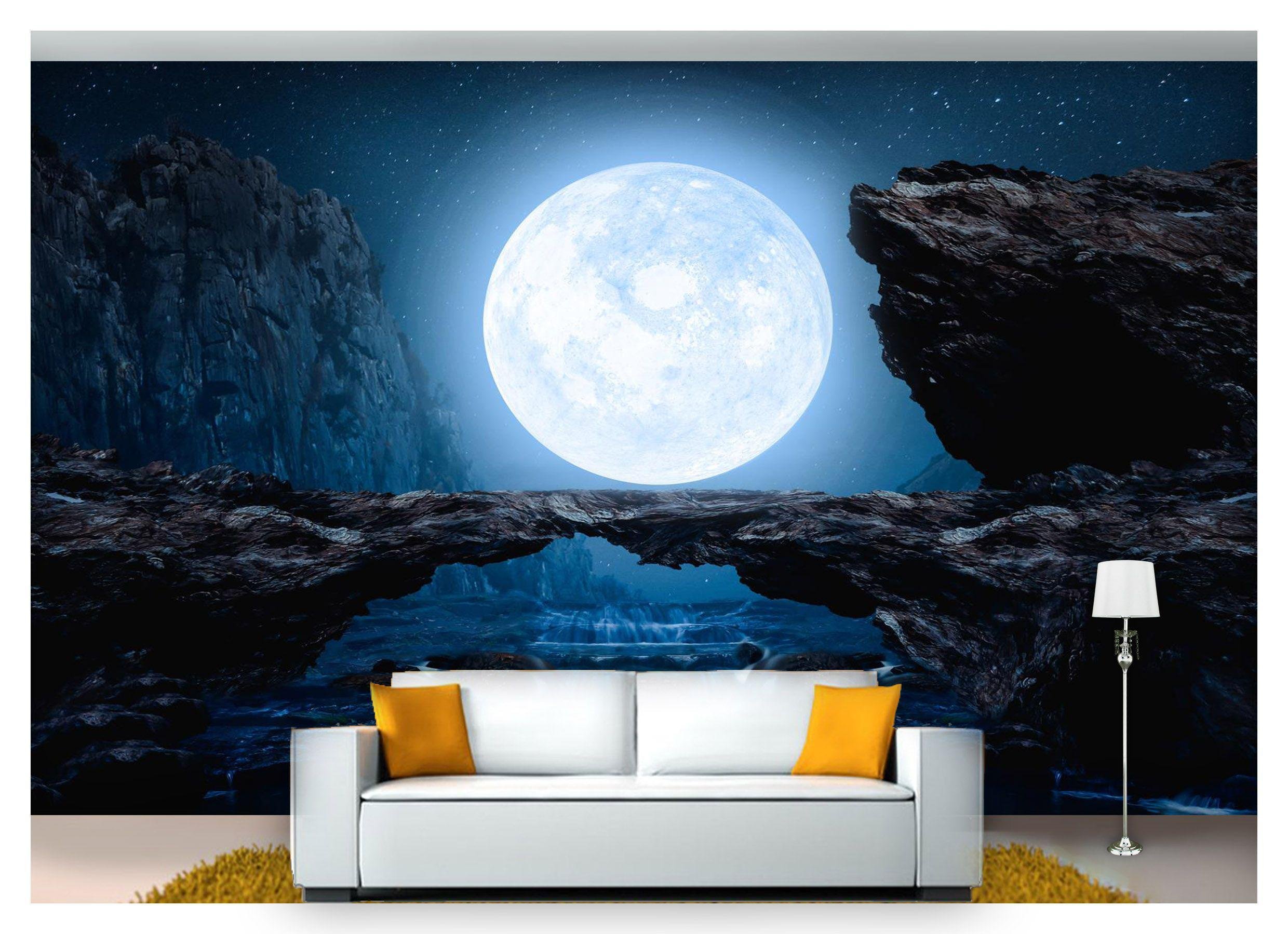 Papel De Parede Lua Cheia Noite Rochas 3D Lua46 | MadeiraMadeira