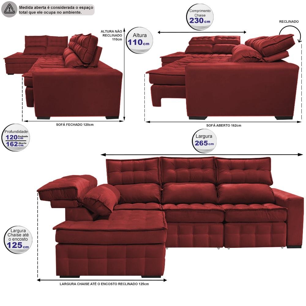 Sofá de Canto Direito 2.65x2.30m Retrátil e Reclinável com Molas ...