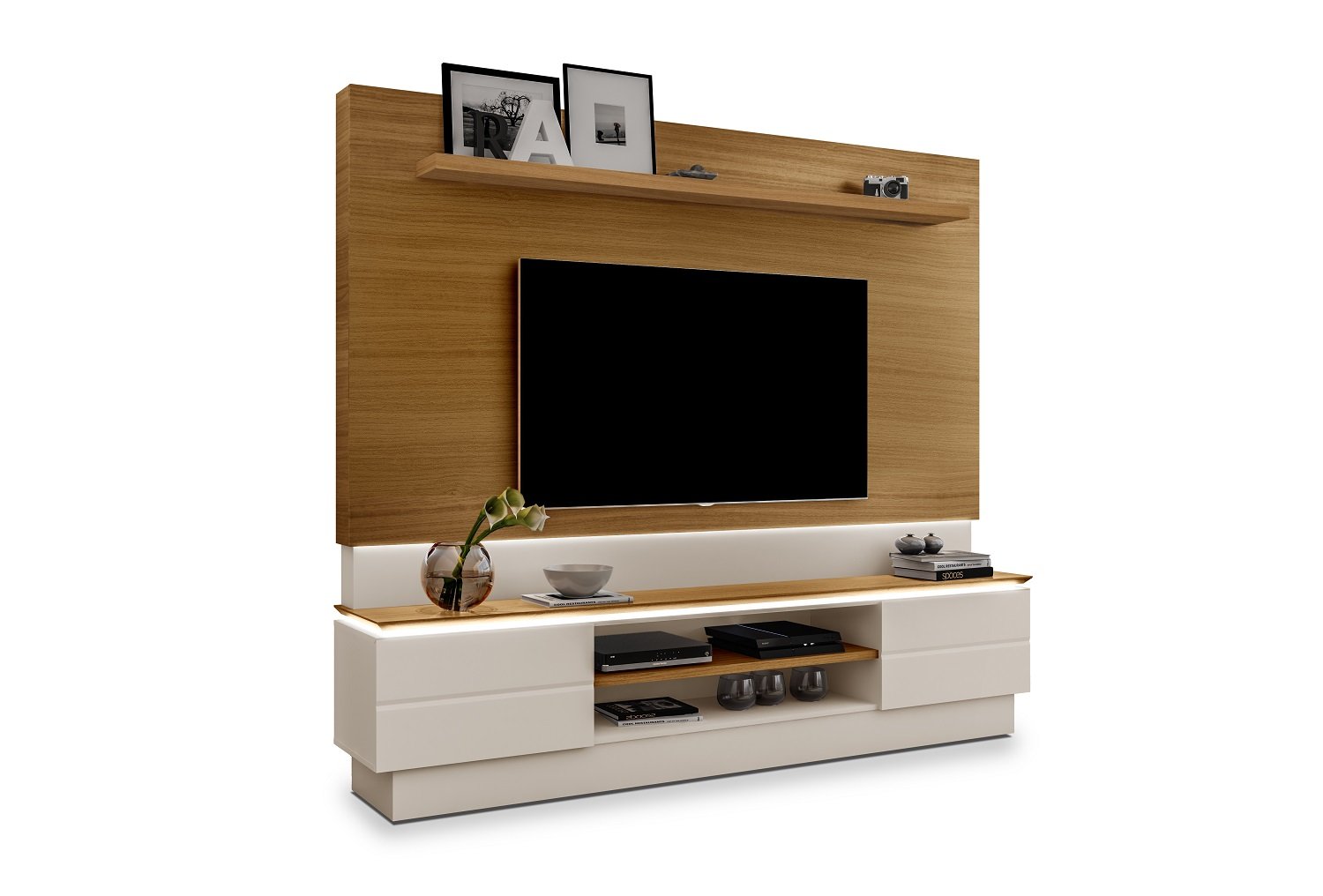 rack com painel de sala tv até 75 polegadas carvalho / off white | MadeiraMadeira