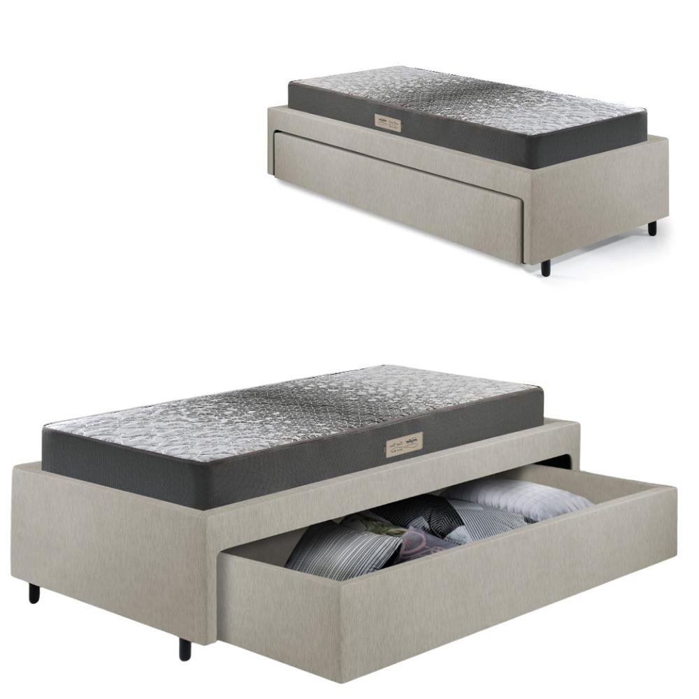 Cama Box Solteiro com Gaveta 88x188 cm Revestida em Courino Linho Areia ...