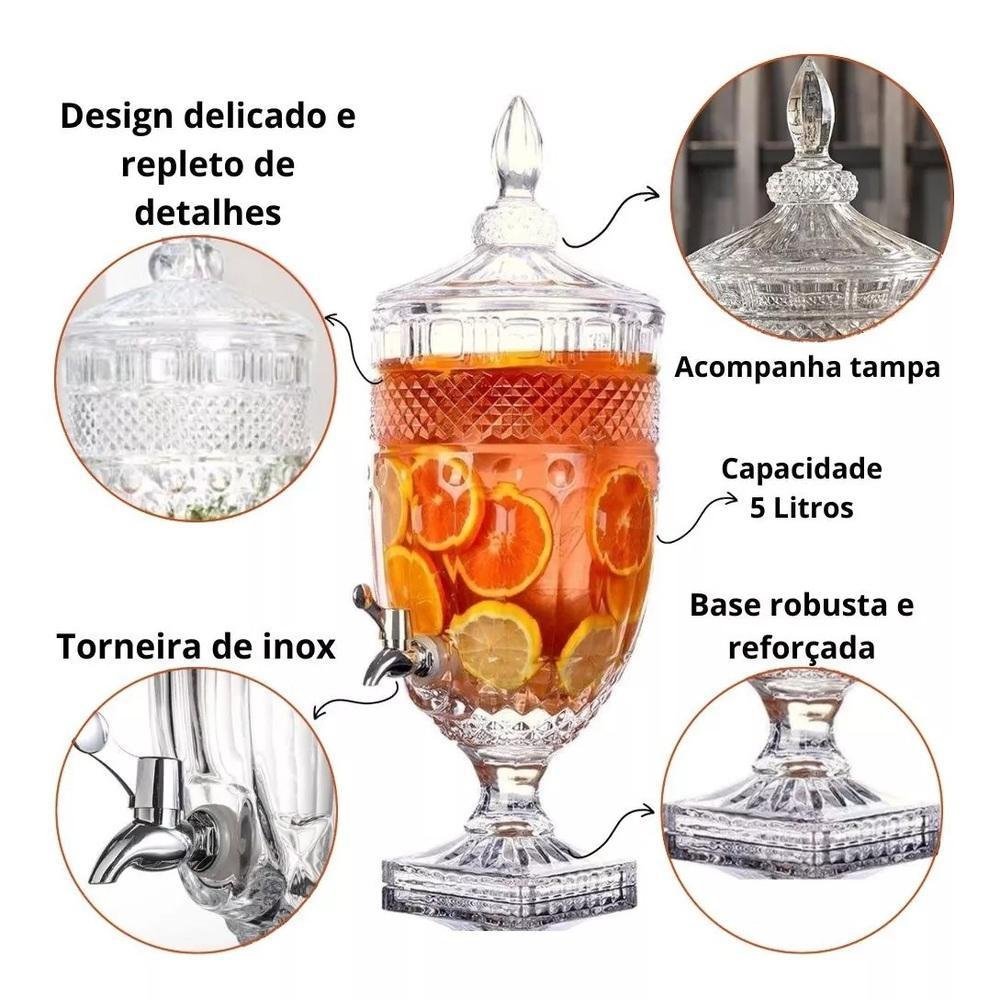 Dispenser Suqueira Cristal de Vidro Luxo com Tampa e Torneira para ...