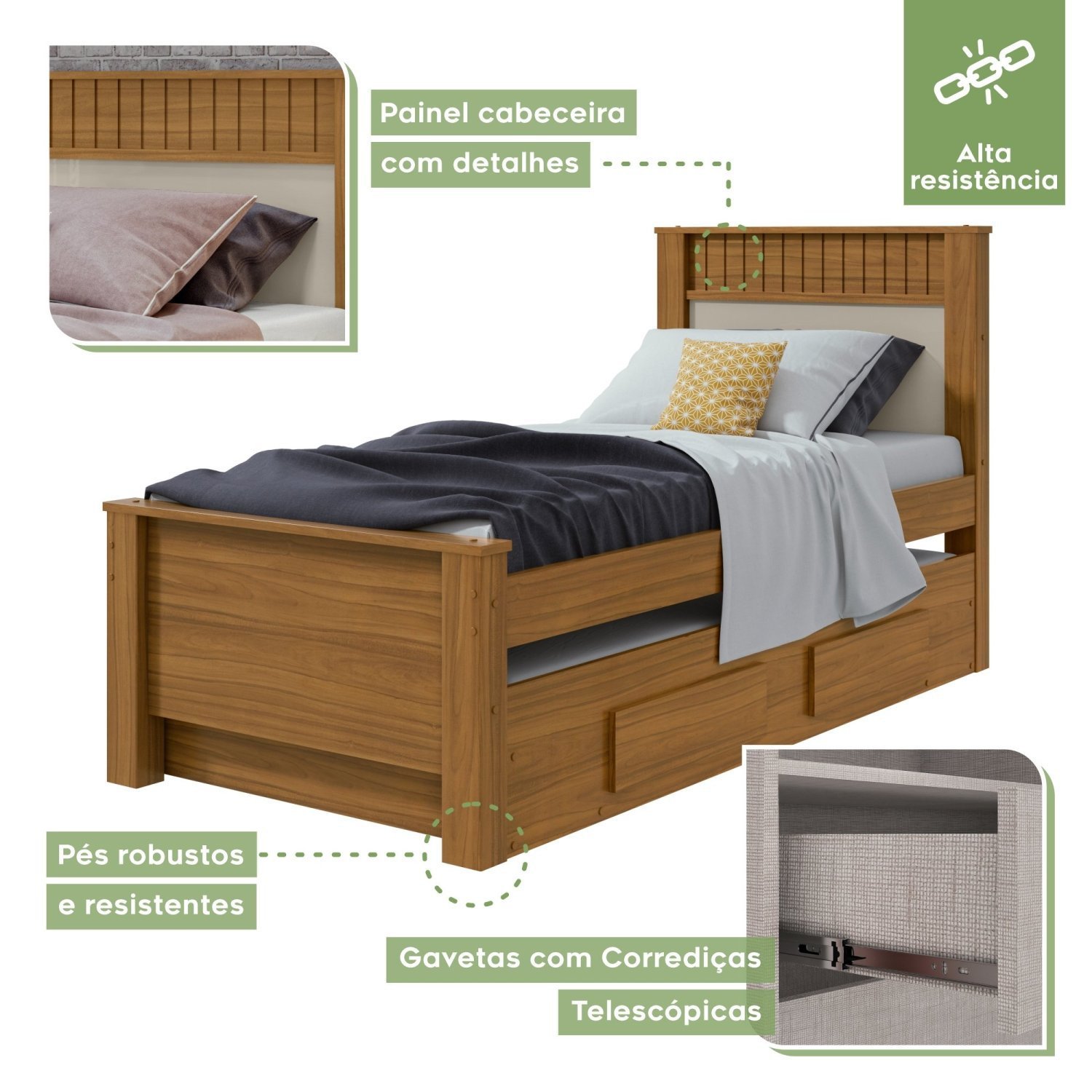 Bicama Solteiro 2 Gavetas Athenas Móveis Lopas | MadeiraMadeira